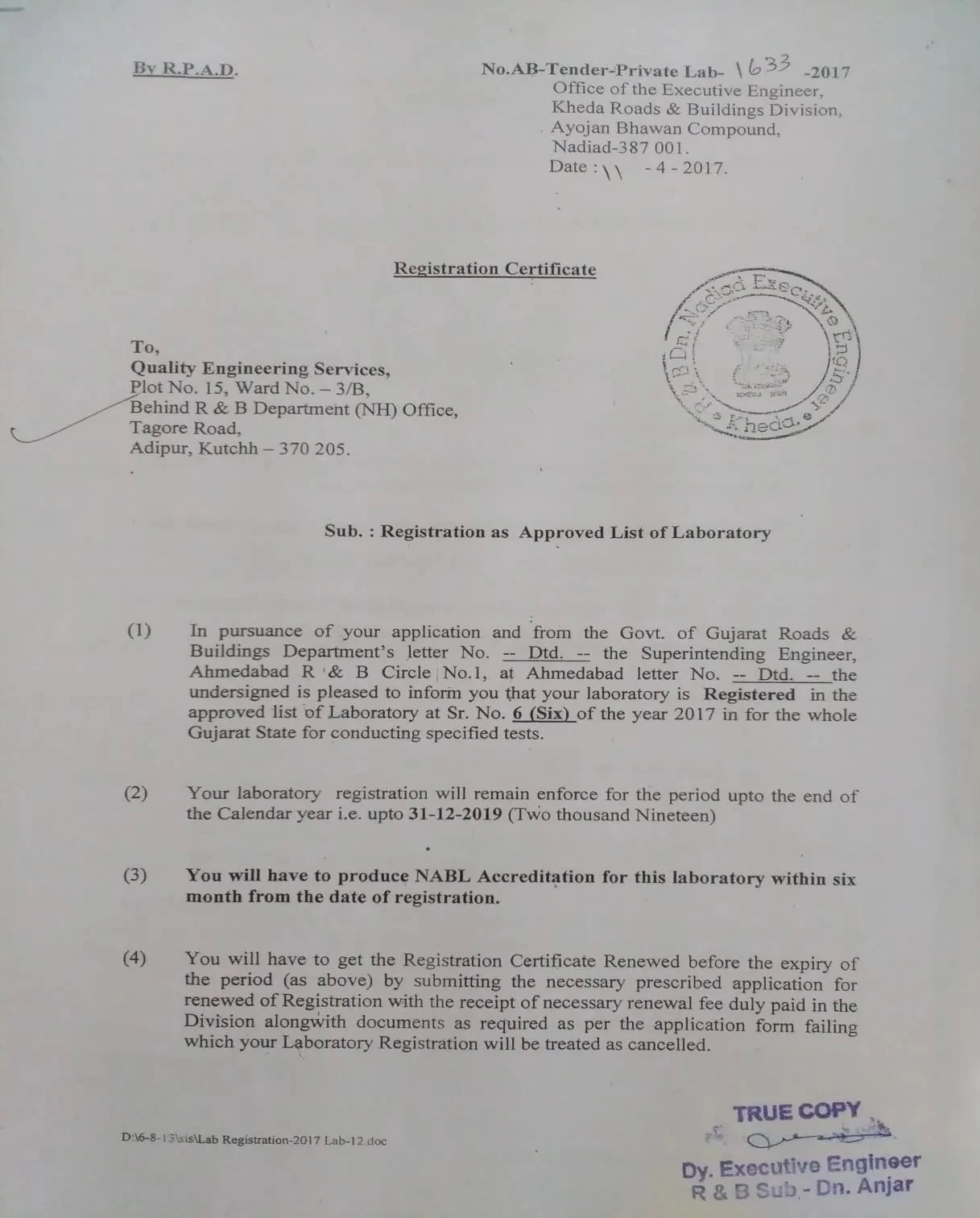 TQES Certifications - NABL Accreditation and Approvals